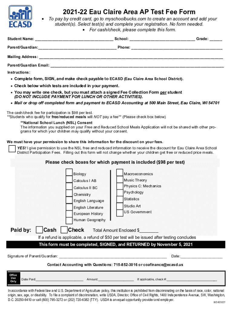 Fillable Online www.ecasd.usECASDmedia2021 22 Eau Claire Area AP Test ...