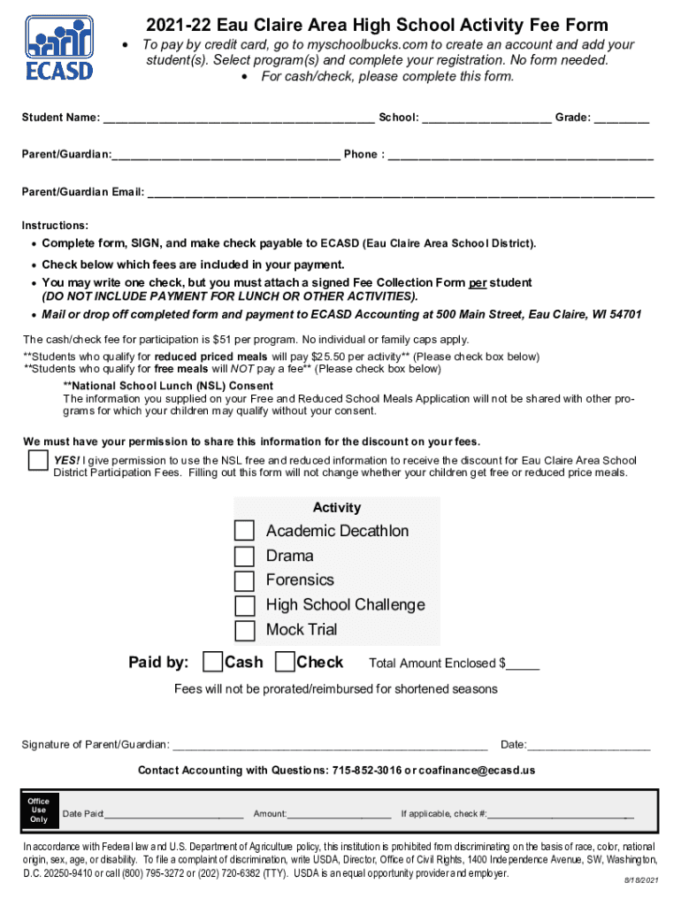 Fillable Online 2021 22 Eau Claire Area High School Activity Fee Form ...