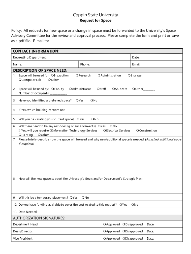 Fillable Online Request for Space Form - Coppin State University Fax ...