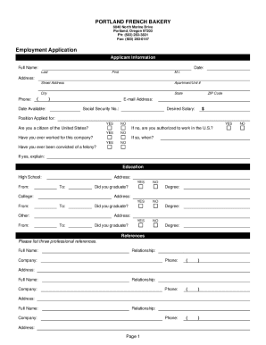 Fillable Online PORTLAND FRENCH BAKERY Employment Application Fax Email ...