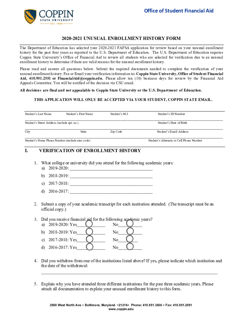 Fillable Online 202021 UNUSUAL ENROLLMENT HISTORY VERIFICATION FORM Fax Email Print - pdfFiller