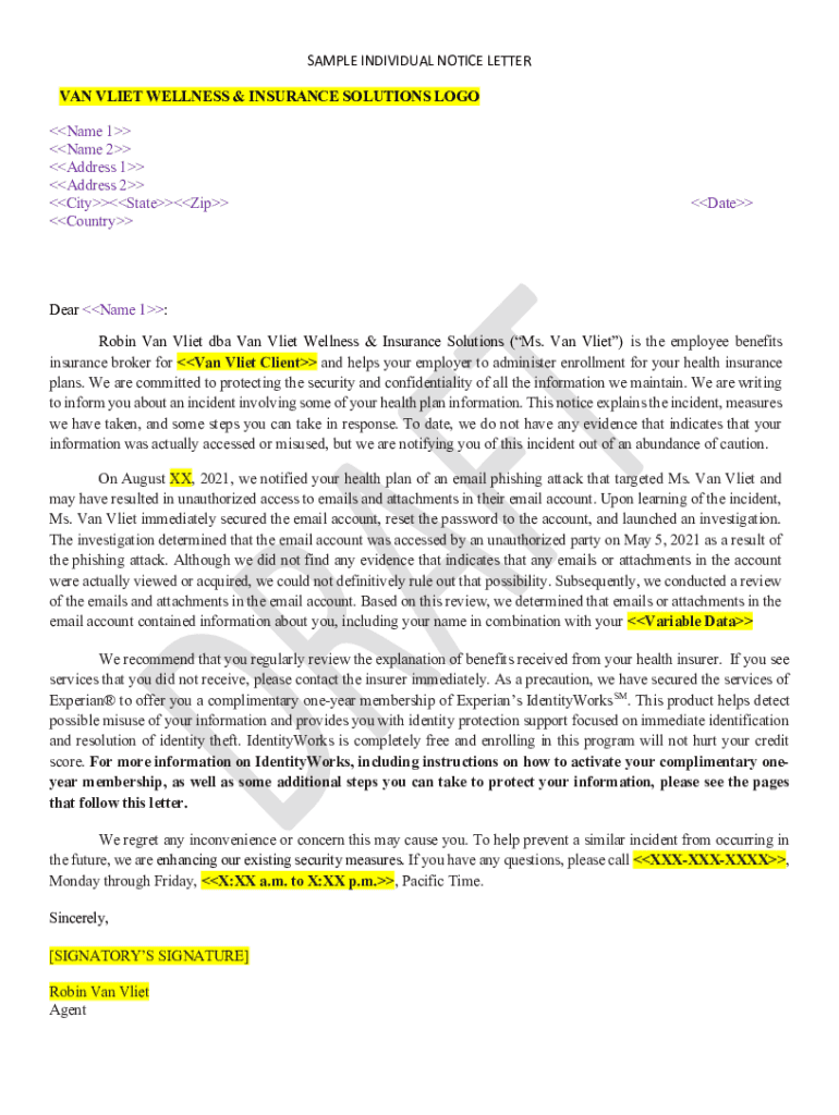 Fillable Online UHC Van Vliet Sample Individual Notice - Final Template ...