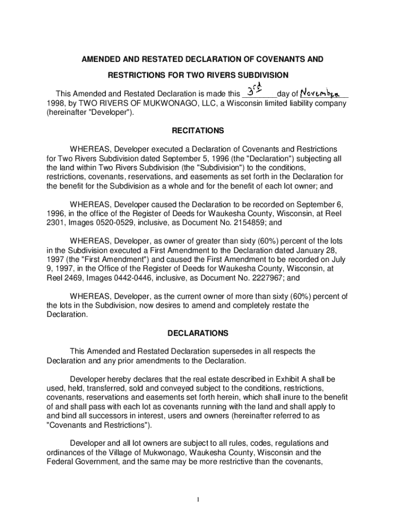 Fillable Online AMENDED AND RESTATED DECLARATION OF COVENANTS AND RESTRICTIONS FOR TWO RIVERS ...