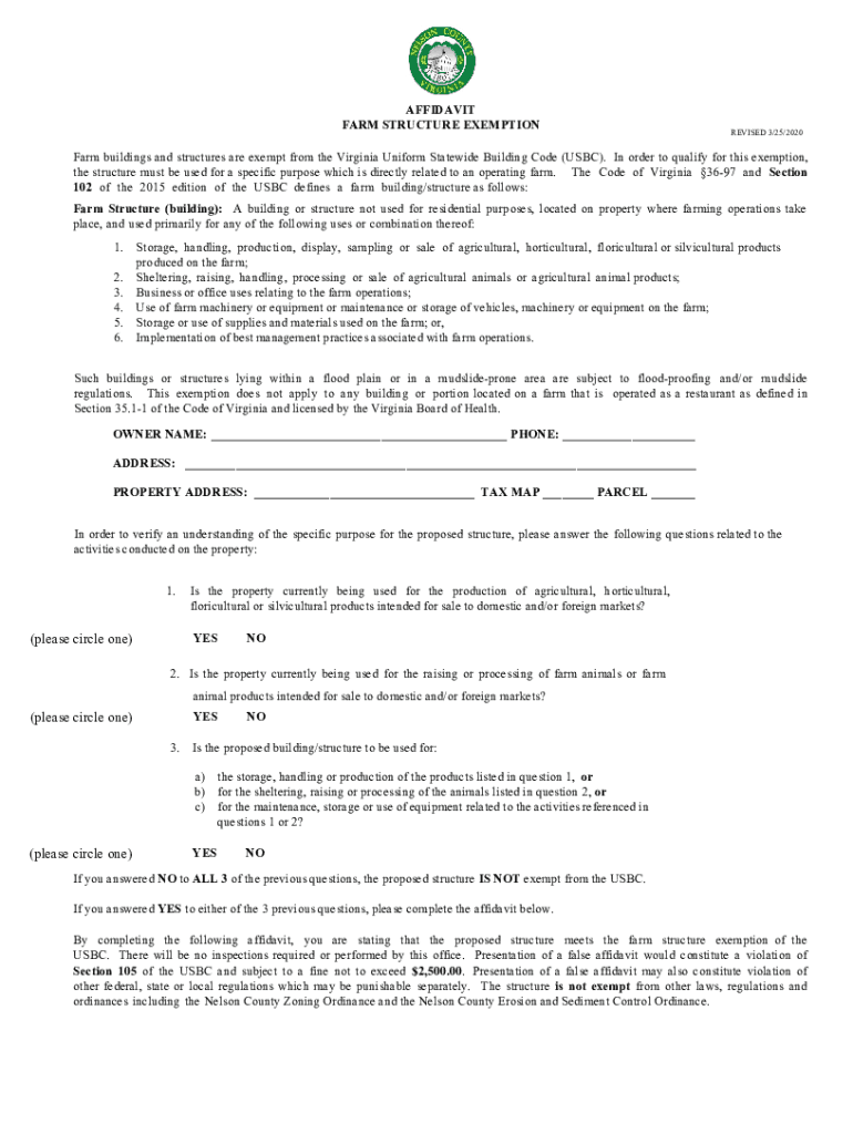 Fillable Online www.fauquiercounty.govhomeshowdocumentFARM STRUCTURE AFFIDAVIT - Fauquier County ...