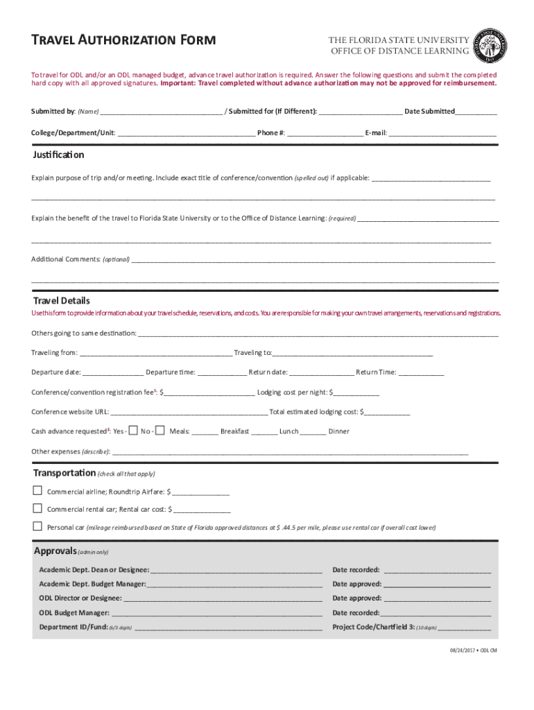 Fillable Online Office of Distance Learning Travel Authorization Form. Travel Authorization ...