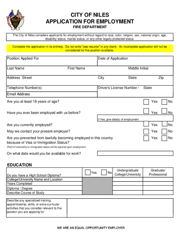 Fillable Online Application for Employment Village of Niles 1000 Civic ...