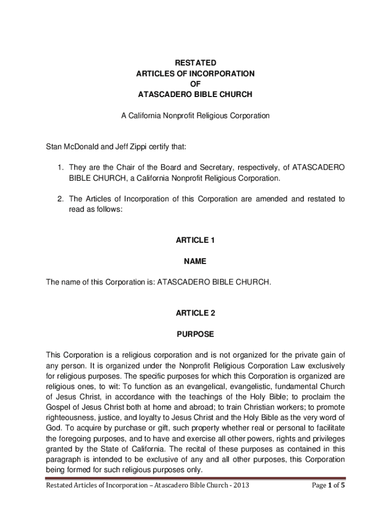 Fillable Online Restated Articles of Incorporation California Nonprofit ...