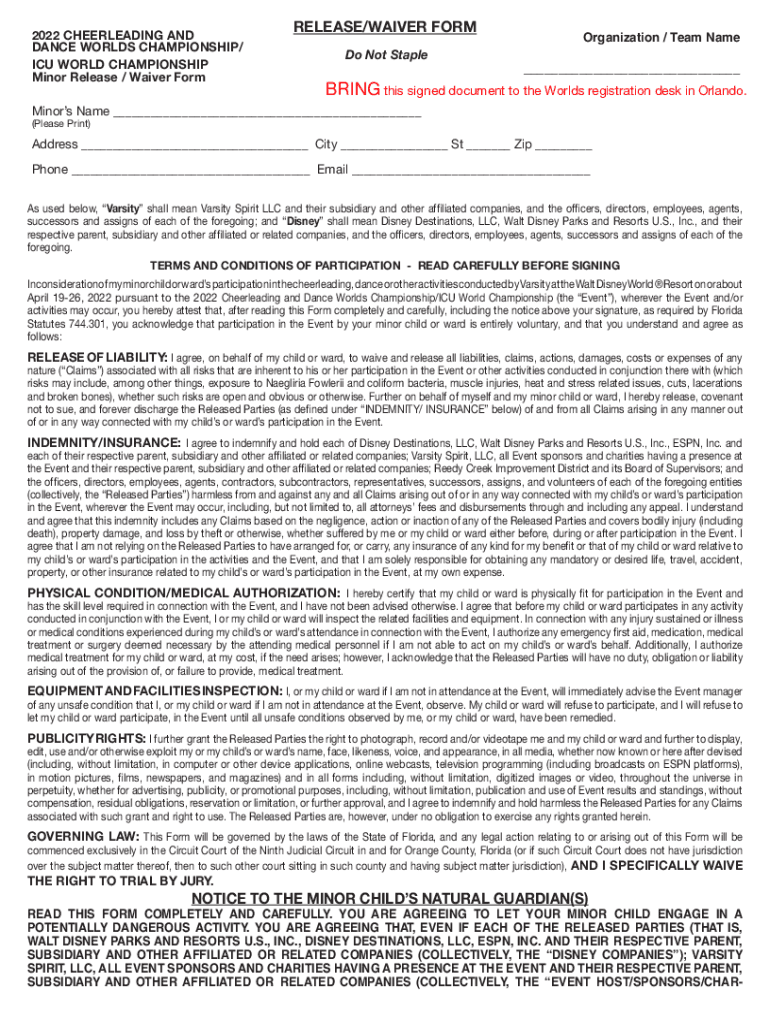 Fillable Online RELEASE/WAIVER FORM CHEERLEADING AND DANCE WORLDS ...