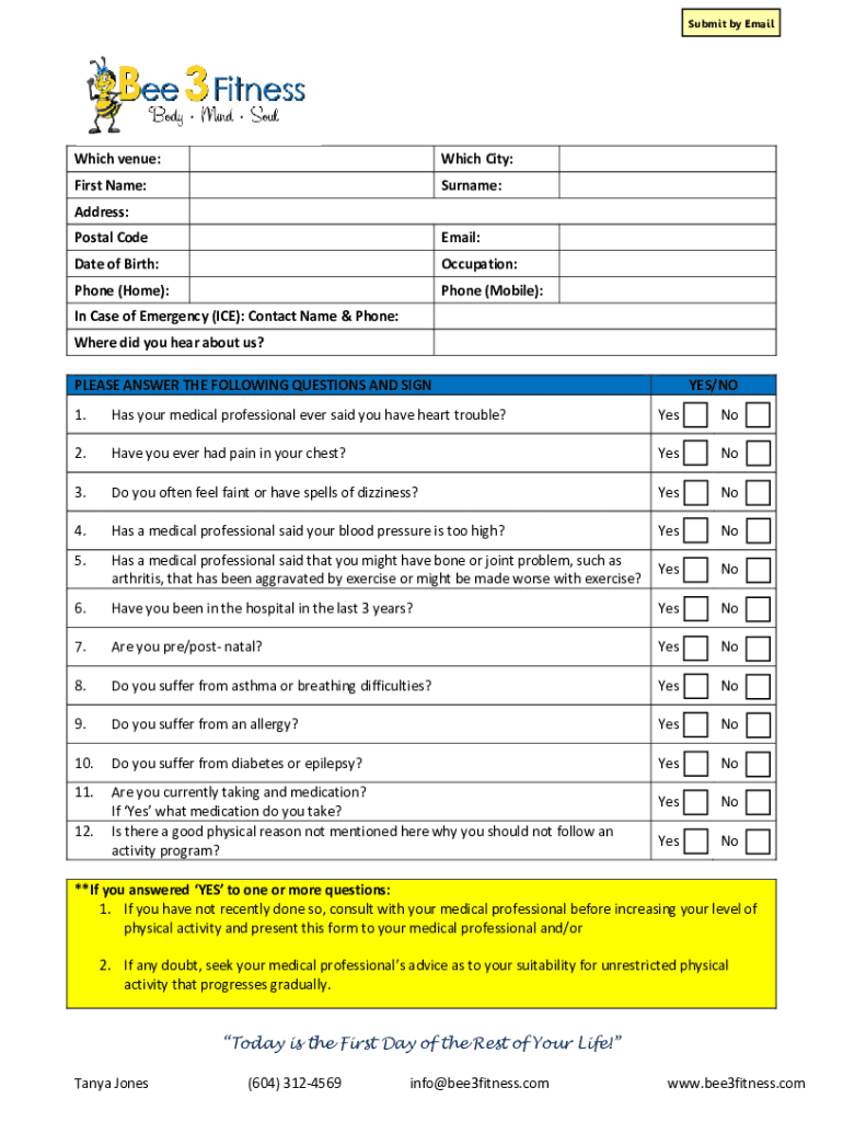 Fillable Online Physical Activity Readiness Questionnaire & Waiver Fax ...
