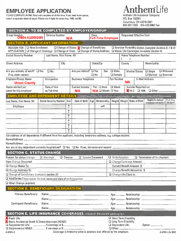 Fillable Online www.co.delaware.in.usegovdocumentsAnthem Life Insurance ...