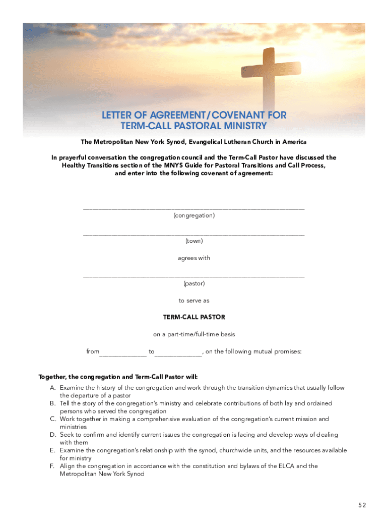 Fillable Online LETTER OF AGREEMENT FOR INTERIM PASTORAL MINISTRY ...