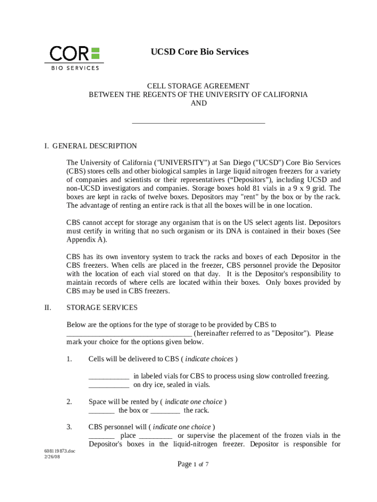 CELL STORAGE AGREEMENT - corebio ucsd Doc Template | pdfFiller