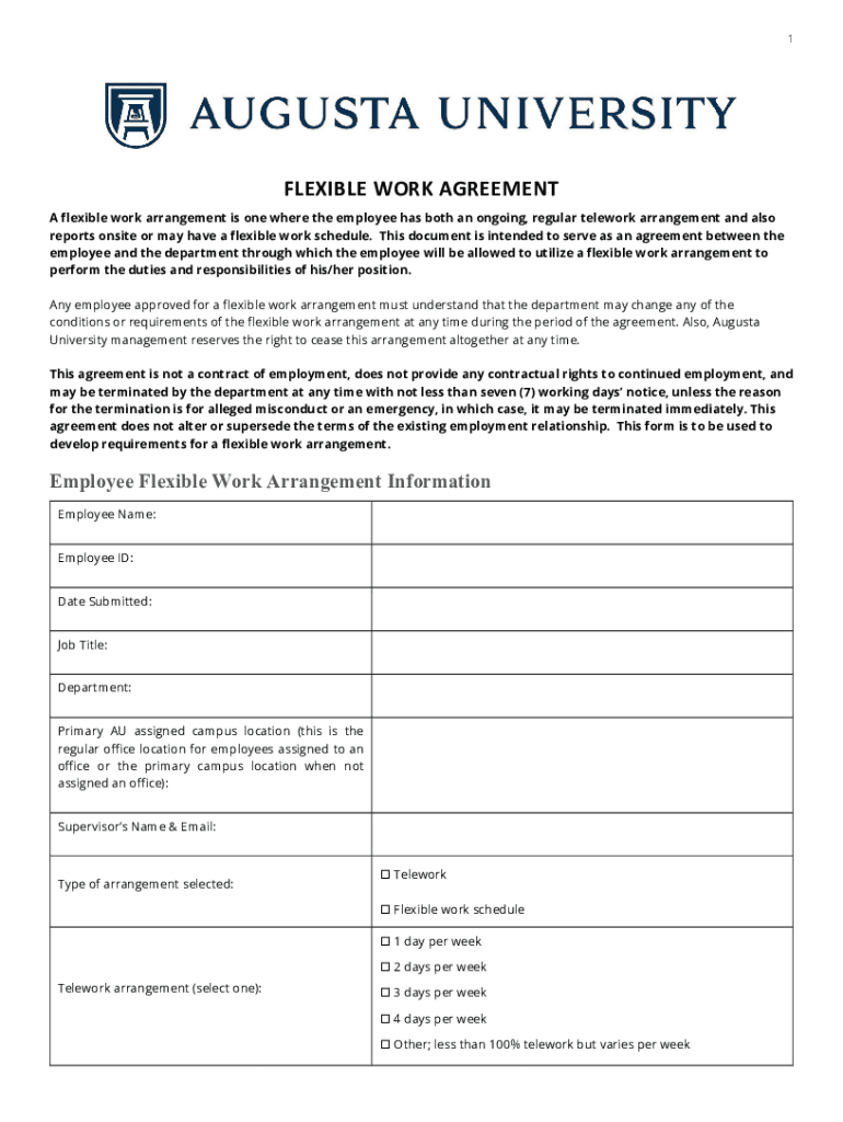 Fillable Online worklife.msu.edufilescontentFlexible Work Arrangement Agreement Form Fax Email ...