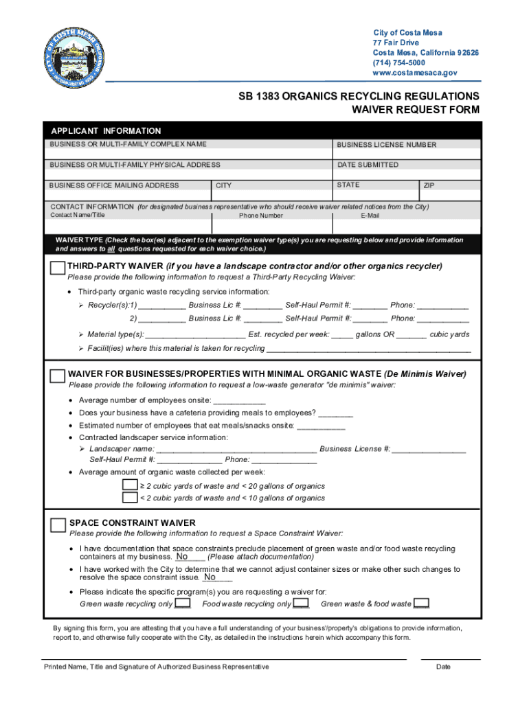 Fillable Online sb 1383 solid waste & recycling regulations waiver ...