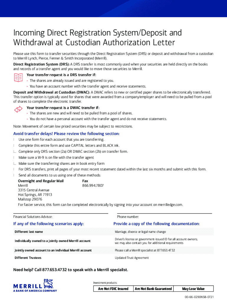 Fillable Online Incoming Direct Registration System/Deposit and Withdrawal at Custodian ...