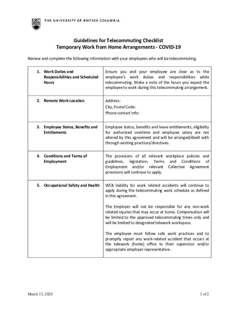 Fillable Online hr ubc Telework Agreement. This document outlines the ...