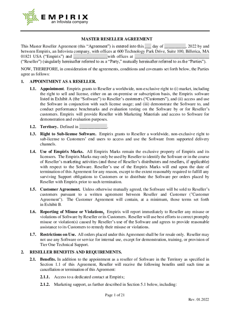 Fillable Online Form of Master Reseller AgreementForm of Master ...