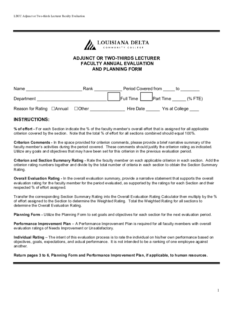 Fillable Online Adjunct or Two-Thirds Lecturer Faculty Annual ...