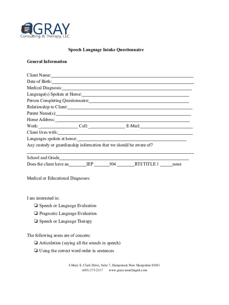 Fillable Online Fillable Online Speech Language Intake Questionnaire ...
