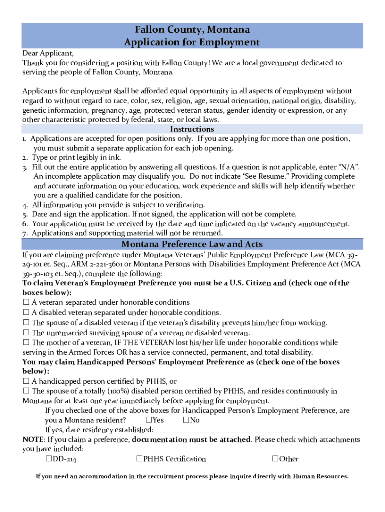 Fillable Online Fallon County, Montana Application for Employment Fax ...