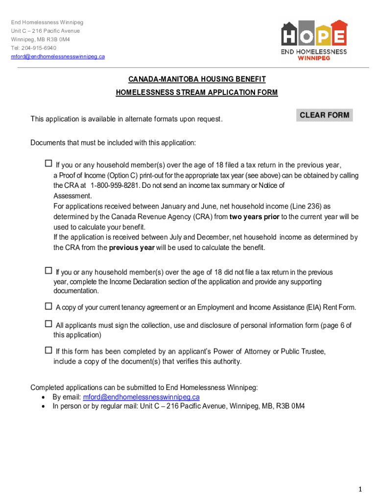 Fillable Online Canada-Manitoba Housing Benefit Homelessness Stream ...