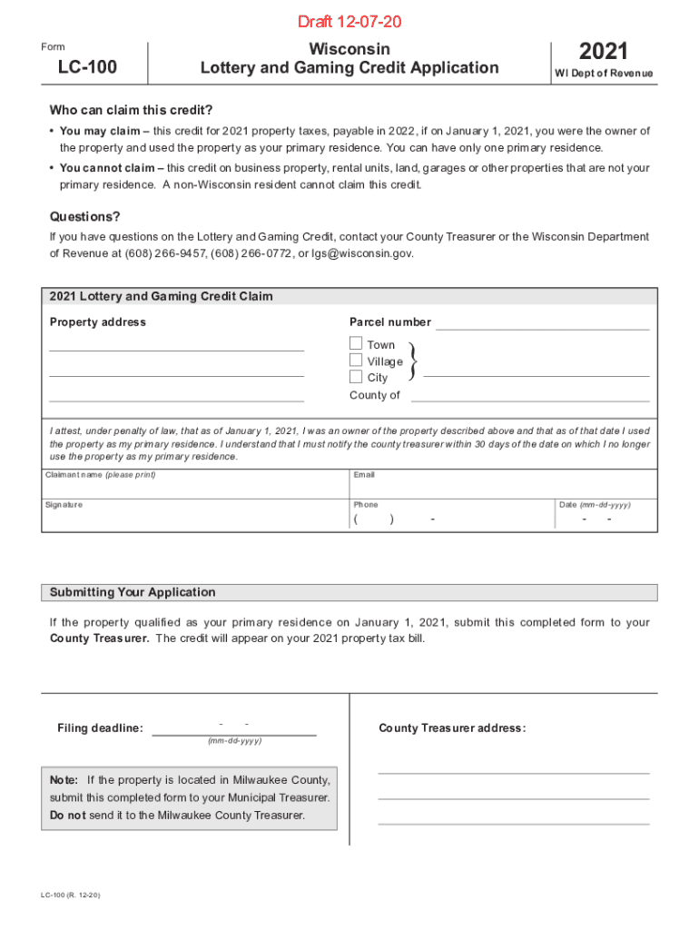 Fillable Online 2021 LC-100 Wisconsin Lottery and Gaming Credit ...