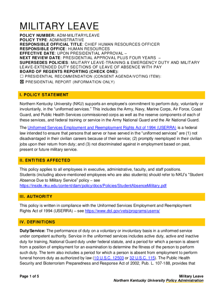 Fillable Online inside nku med.uc.edumilitary-leavePolicy Title: Policy ...