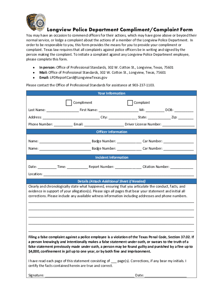 Fillable Online Longview Police Department Compliment/Complaint Form Fax Email Print - pdfFiller