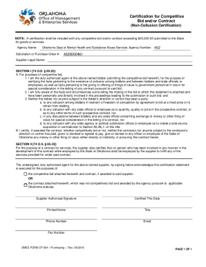 Fillable Online Certification for Competitive Bid and/or Contract (Non ...
