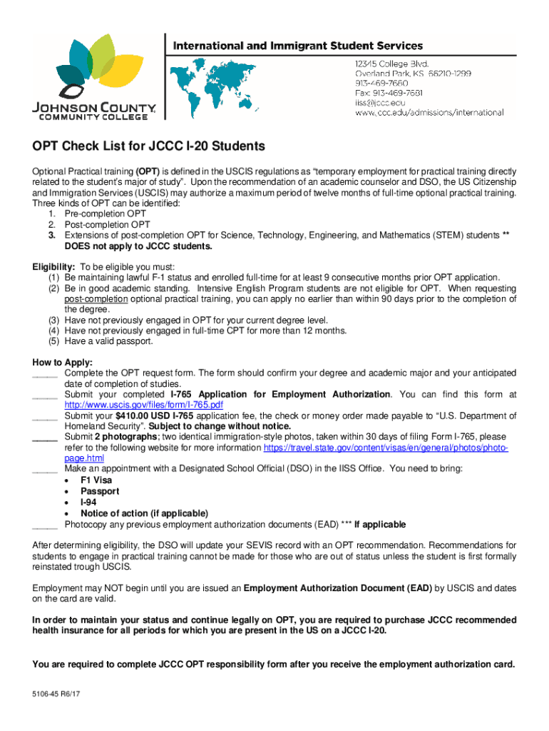 Fillable Online OPT Check List for JCCC I-20 Students Fax Email Print ...