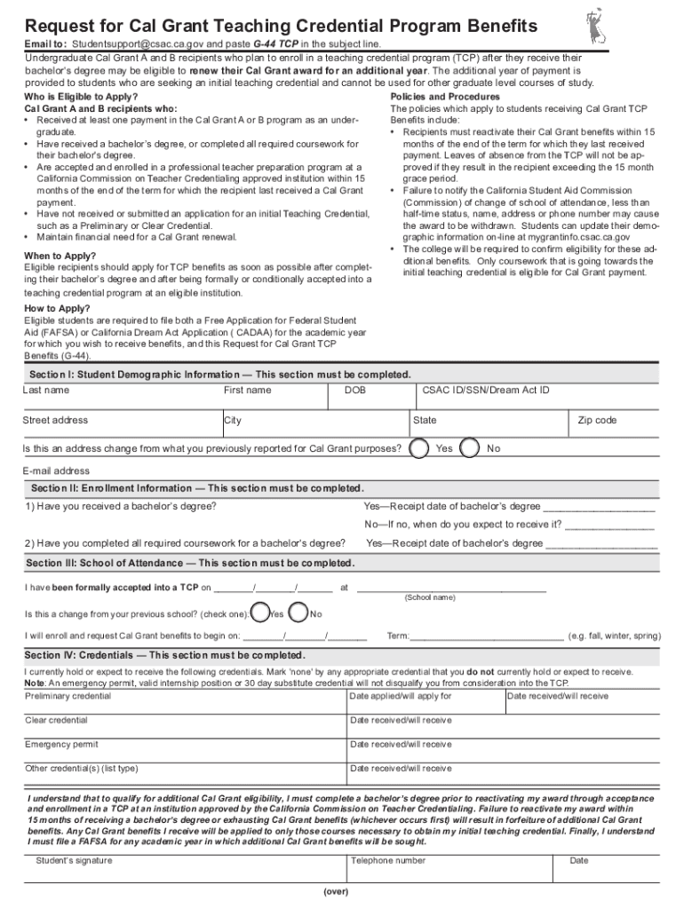 Fillable Online Request for Cal Grant Teaching Credential Program ...