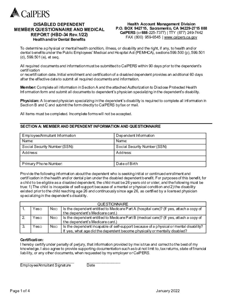 Fillable Online Form. Medical Report For The Calpers Disabled Dependent ...
