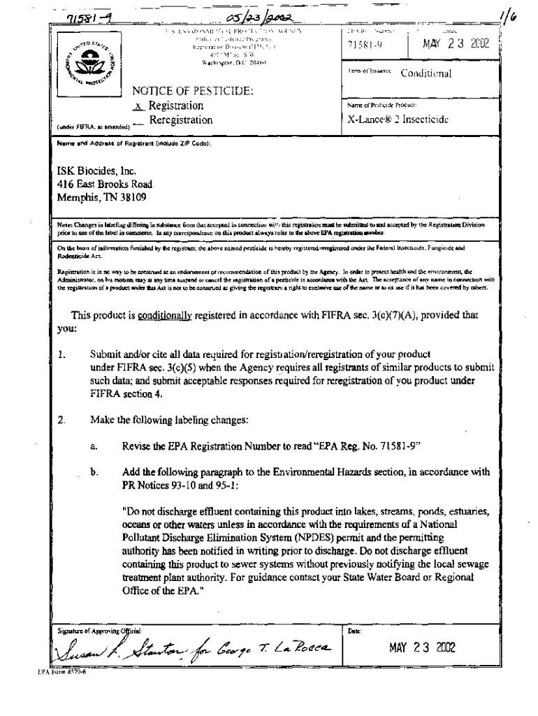 Fillable Online www3.epa.govpesticideschemsearchNOTICE OF PESTICIDE: X Registration ...