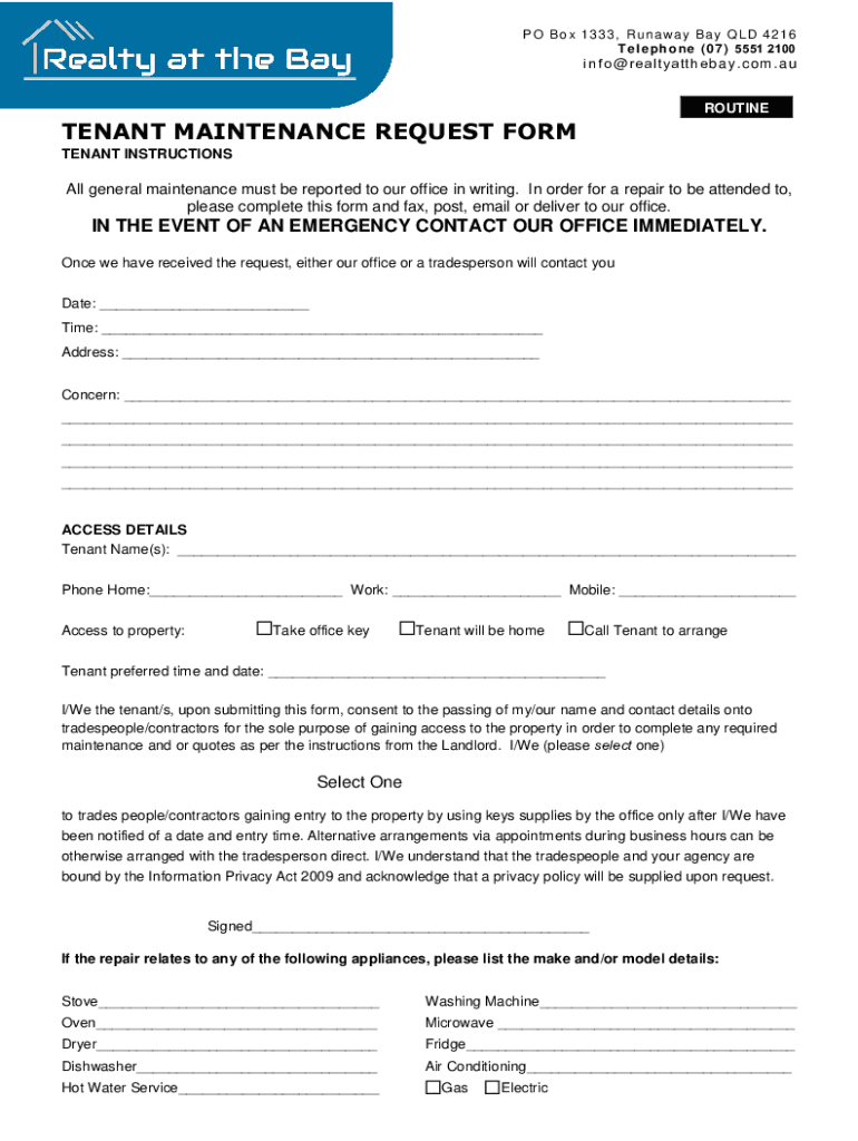 Fillable Online 2015 Tenant Maintenance Request Form with RTA Tips ...
