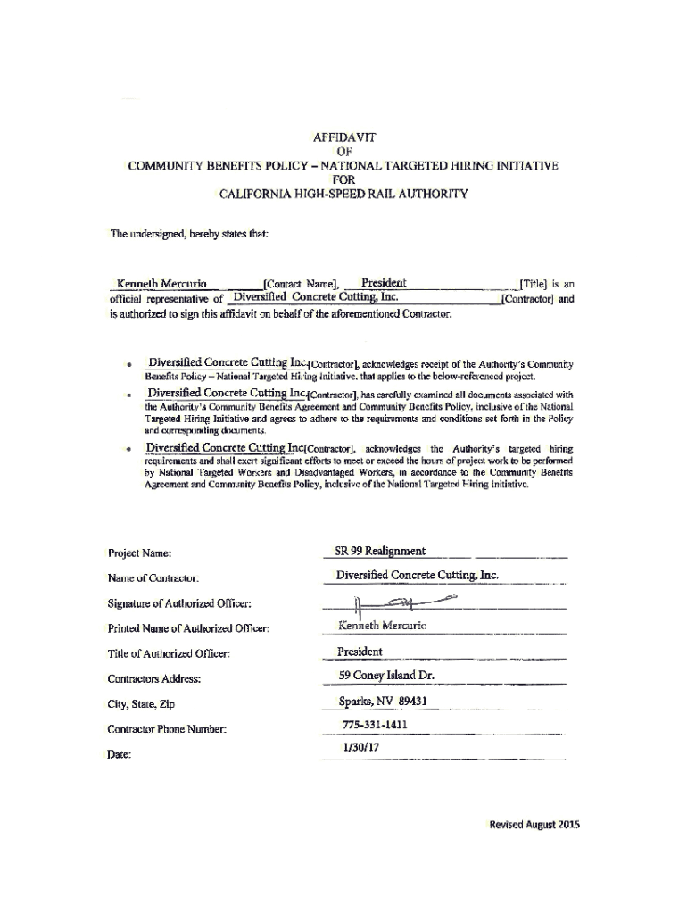 Fillable Online AFFIDAVIT OF COMMUNITY BENEFITS POLICY-NATIONAL ...