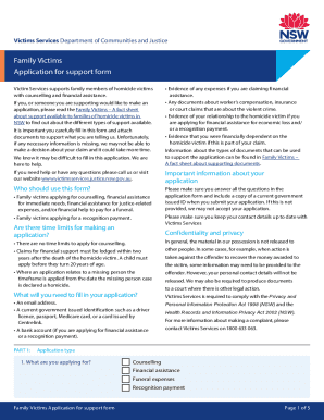 Fillable Online Application for support form for family victims. Victim ...