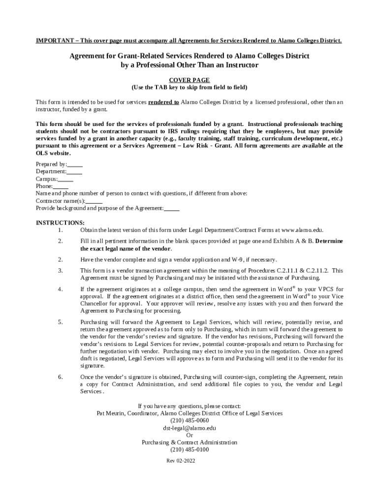 Agreement for Services Rendered to Alamo Colleges by an ... Doc Template | pdfFiller