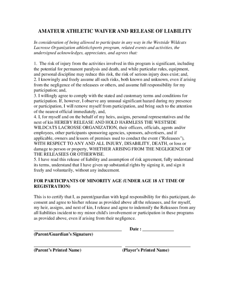 Fillable Online AMATEUR ATHLETIC WAIVER AND RELEASE OF LIABILITY READ ...