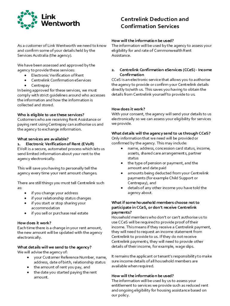 Fillable Online Fillable Online Centrelink Deduction and Confirmation ...