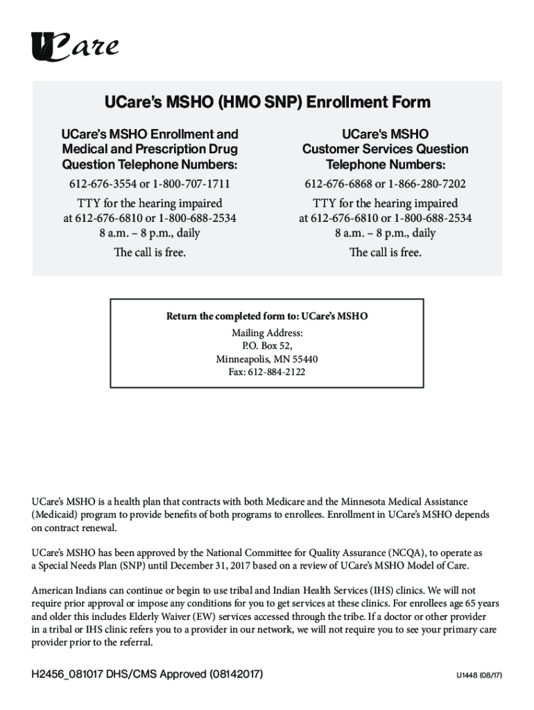 Fillable Online Fillable Online UCare's MSHO (HMO SNP) Enrollment Form ...