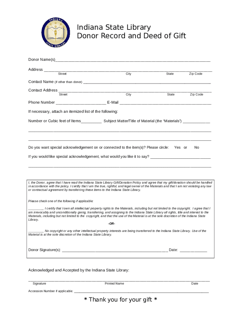 Indiana State Library Donor Record and Deed of Gift - secure in Doc Template | pdfFiller