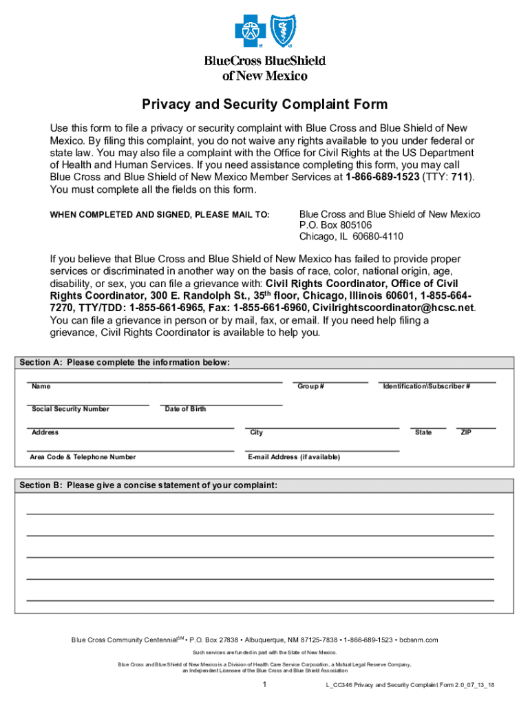Fillable Online Blue Cross Community Centennial HIPAA Privacy and ...