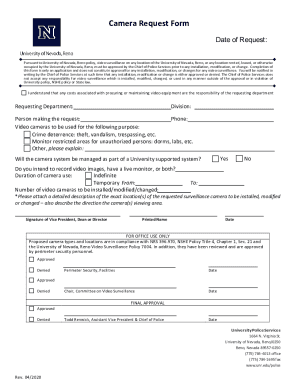 Fillable Online Camera Request Form - University of Nevada, Reno Fax ...