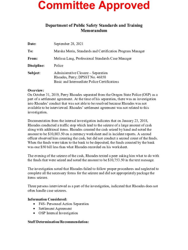 Fillable Online Department of Public Safety Standards and Training Memo ...