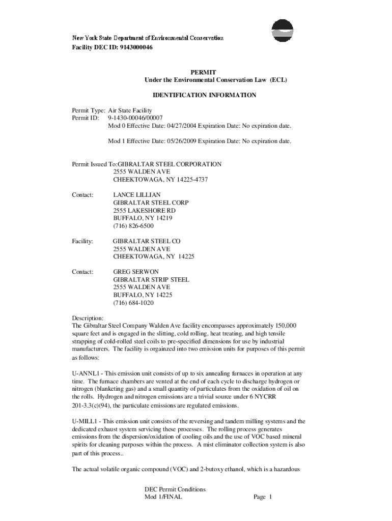 Fillable Online Facility DEC ID: 9143000046 DEC Permit Conditions Mod 1 ...