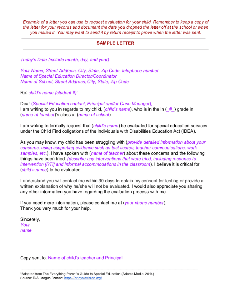 Fillable Online Sample Letter to Request Evaluation - PAVE Fax Email ...