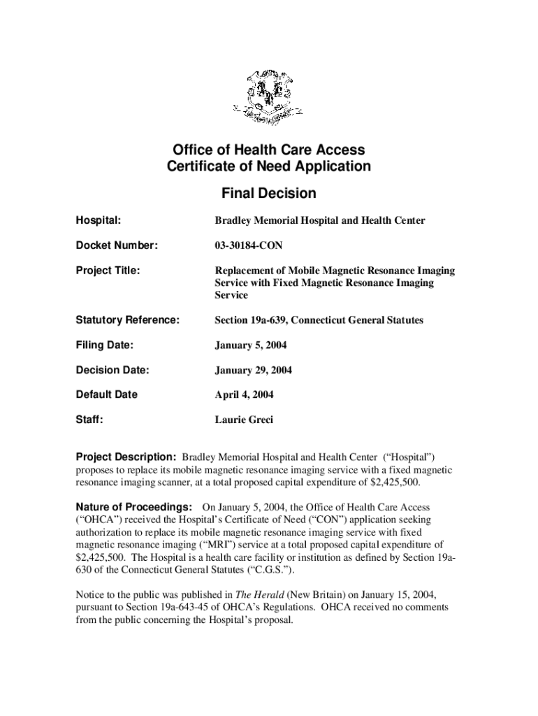 Fillable Online Office Of Health Care Access Certificate of Need ...