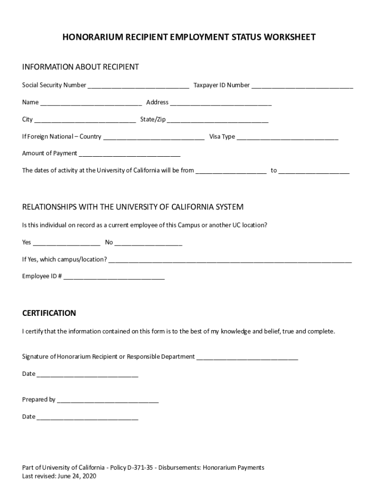 Fillable Online controller berkeley Honorarium Recipient Employment ...