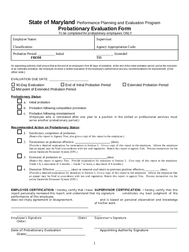 Perance Planning and Evaluation Program Probationary Evaluation . State of Maryland Perance ...