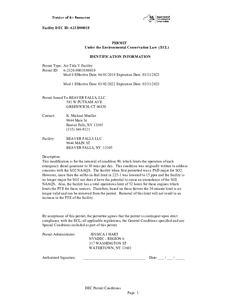 Fillable Online Facility DEC ID: 6232000018 DEC Permit Conditions Page ...